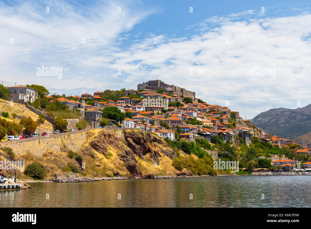 The castle of Molyvos against a clear sky on the north part of Lesvos ...