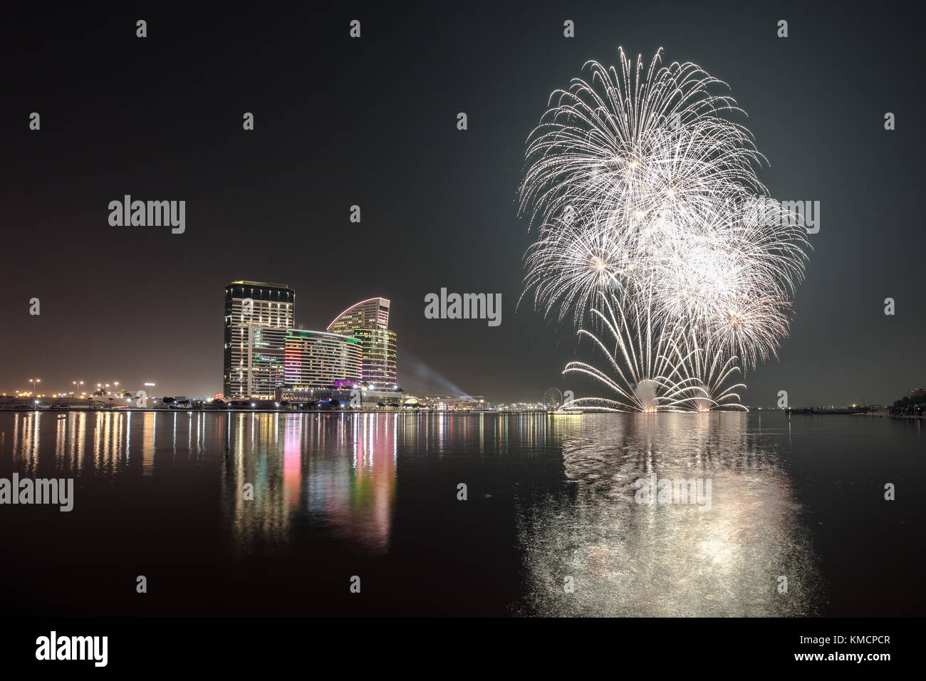 Celebration of UAE National Day with fireworks over the Festival City ...