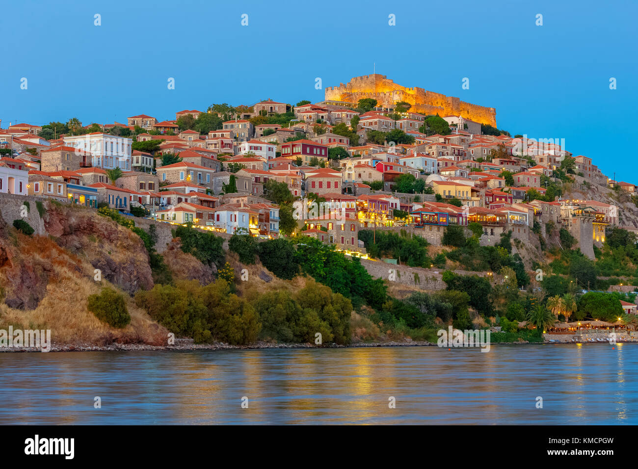 The castle of Molyvos against a clear sky on the north part of Lesvos ...