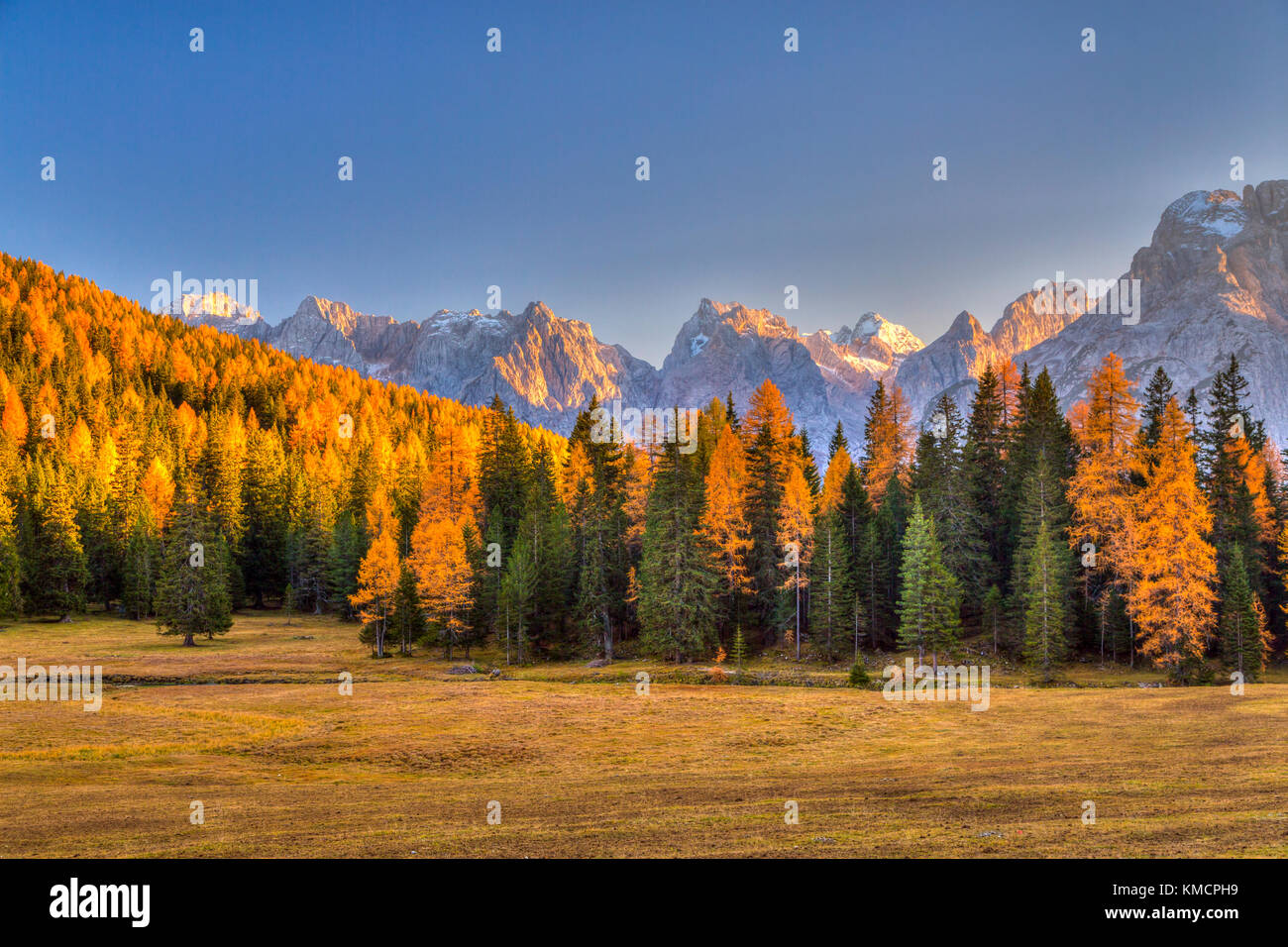 The Dolomite mountain range with fall foliage color near Auronzo di ...
