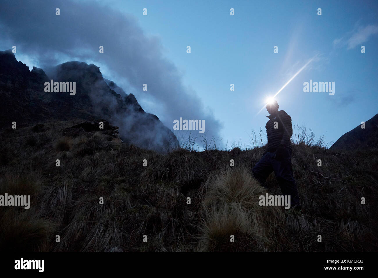 Night time trek in the himalayas with a headtorch Stock Photo - Alamy