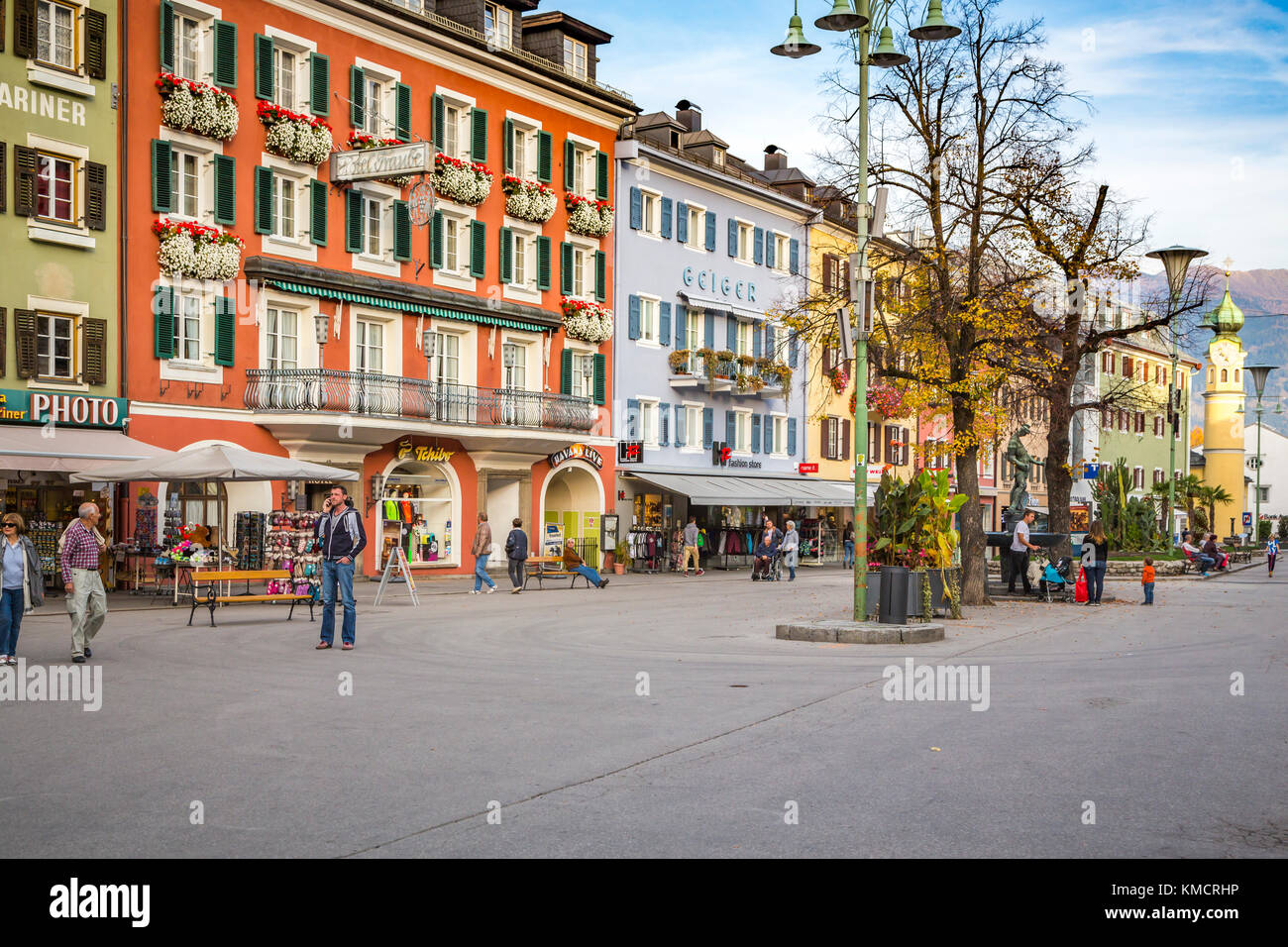 The colorful buildings and streets of historic old town in Lienz ...