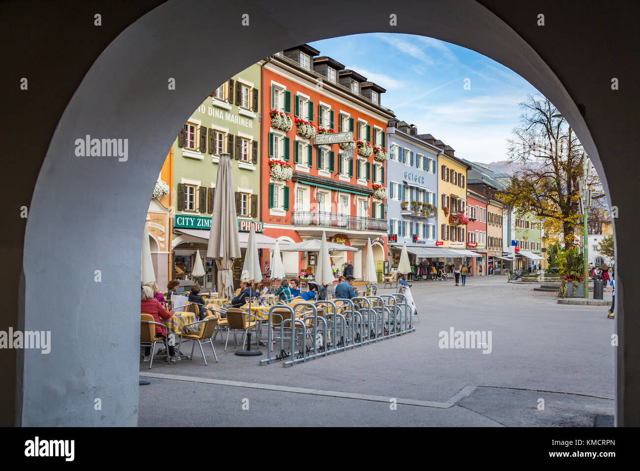 The colorful buildings and streets of historic old town in Lienz ...