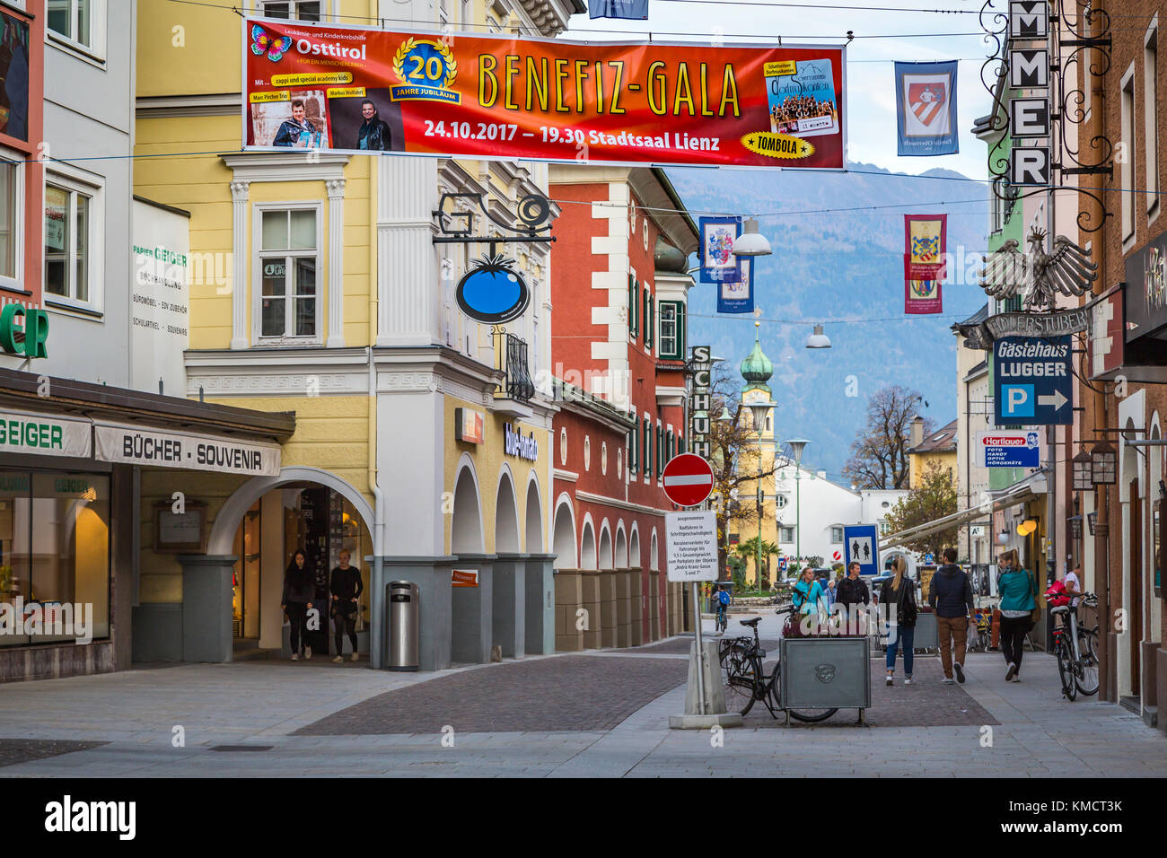 The colorful buildings and streets of historic old town in Lienz ...