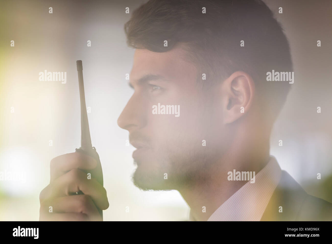 Close up profile businessman talking,using walkie-talkie Stock Photo ...