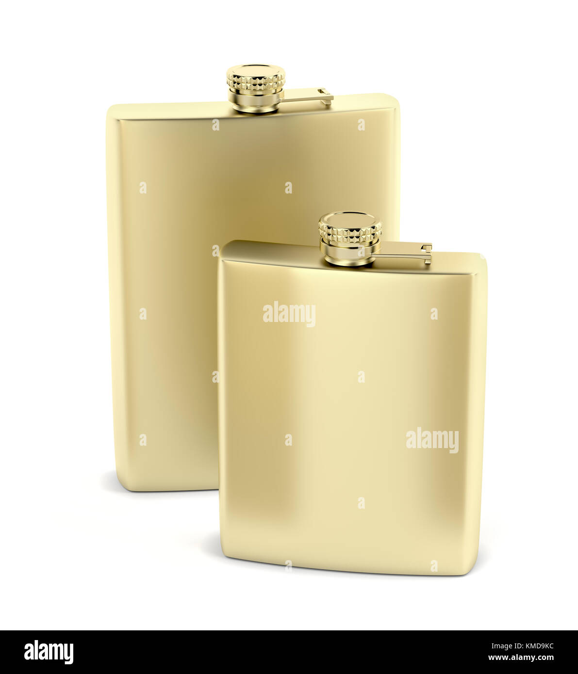 Two golden hip flasks with different sizes on white background Stock ...