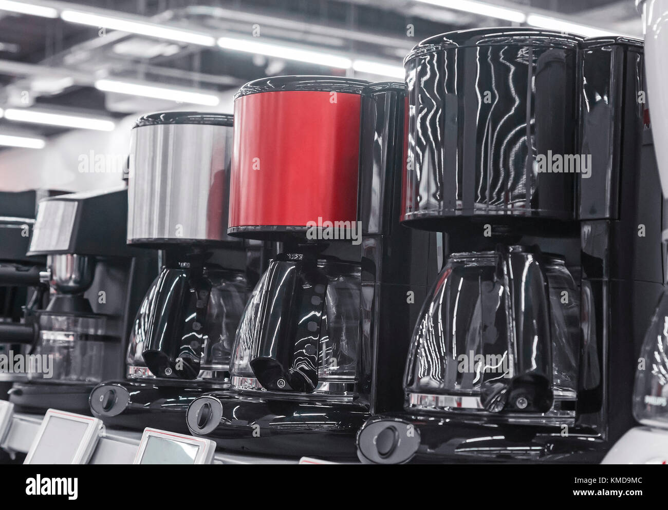 In the shop of home appliances on display are the modern drip coffee ...