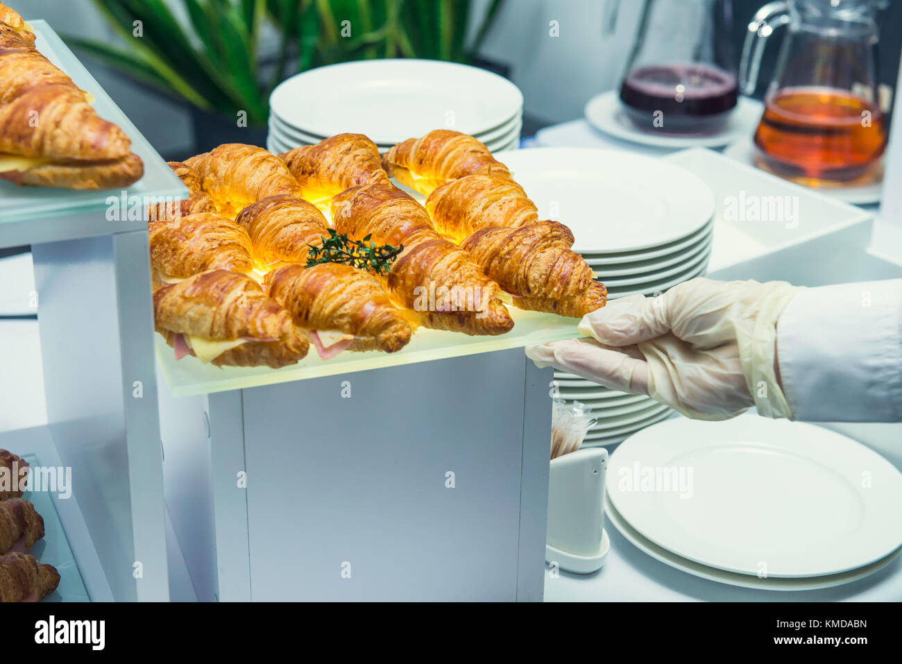 The waiter is servering catering buffet table with food and snacks for ...