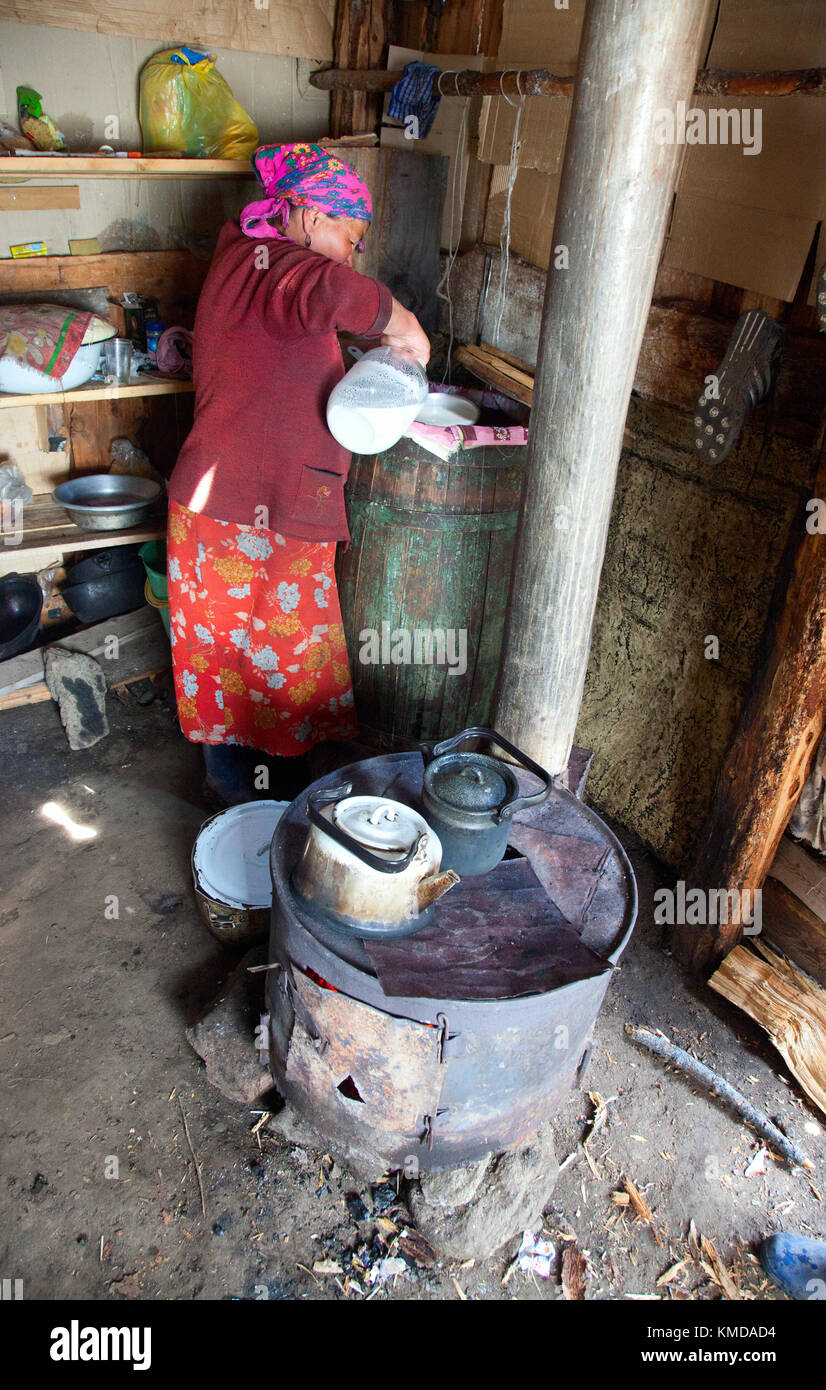 The woman at the camp prepares koumiss in the traditional way Stock ...