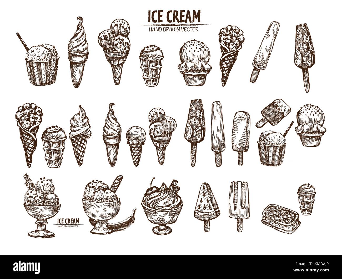 Digital vector detailed line art ice cream in cone and bowl hand drawn ...