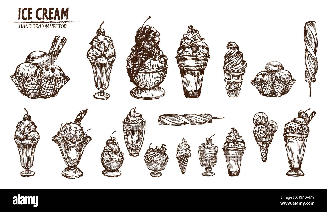 Digital vector detailed line art ice cream in cone and bowl hand drawn ...
