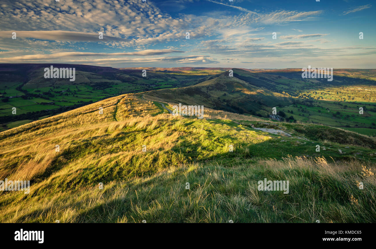 View from Mam Tor hill over Rushup Edge at sunset. Peak District ...