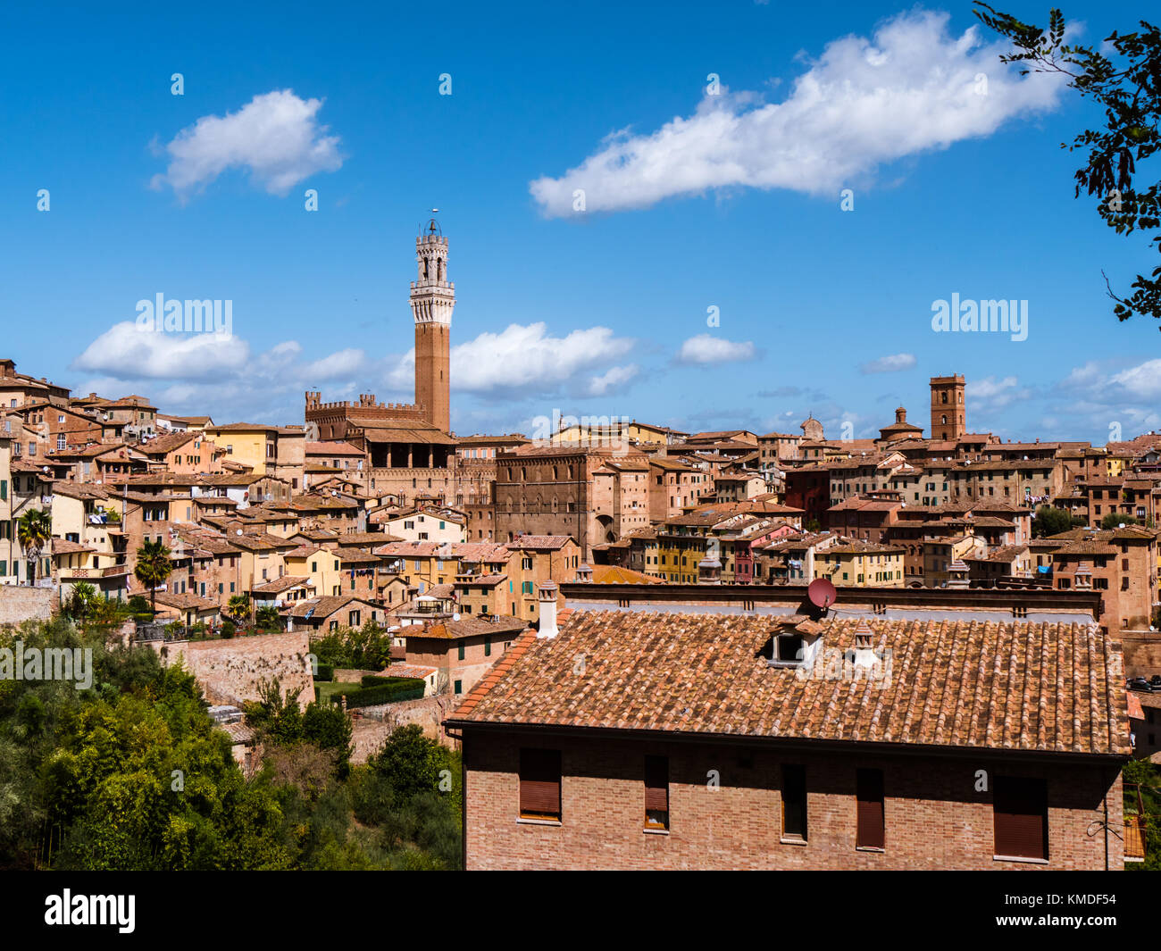 View on the medieval city of Siena in Tuscany, with the belltower or ...