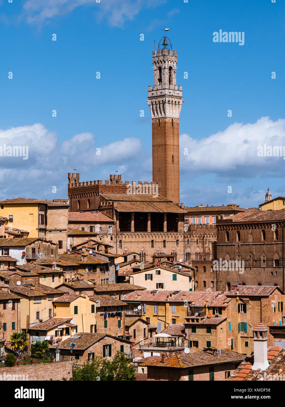 View on the medieval city of Siena in Tuscany, with the belltower or ...