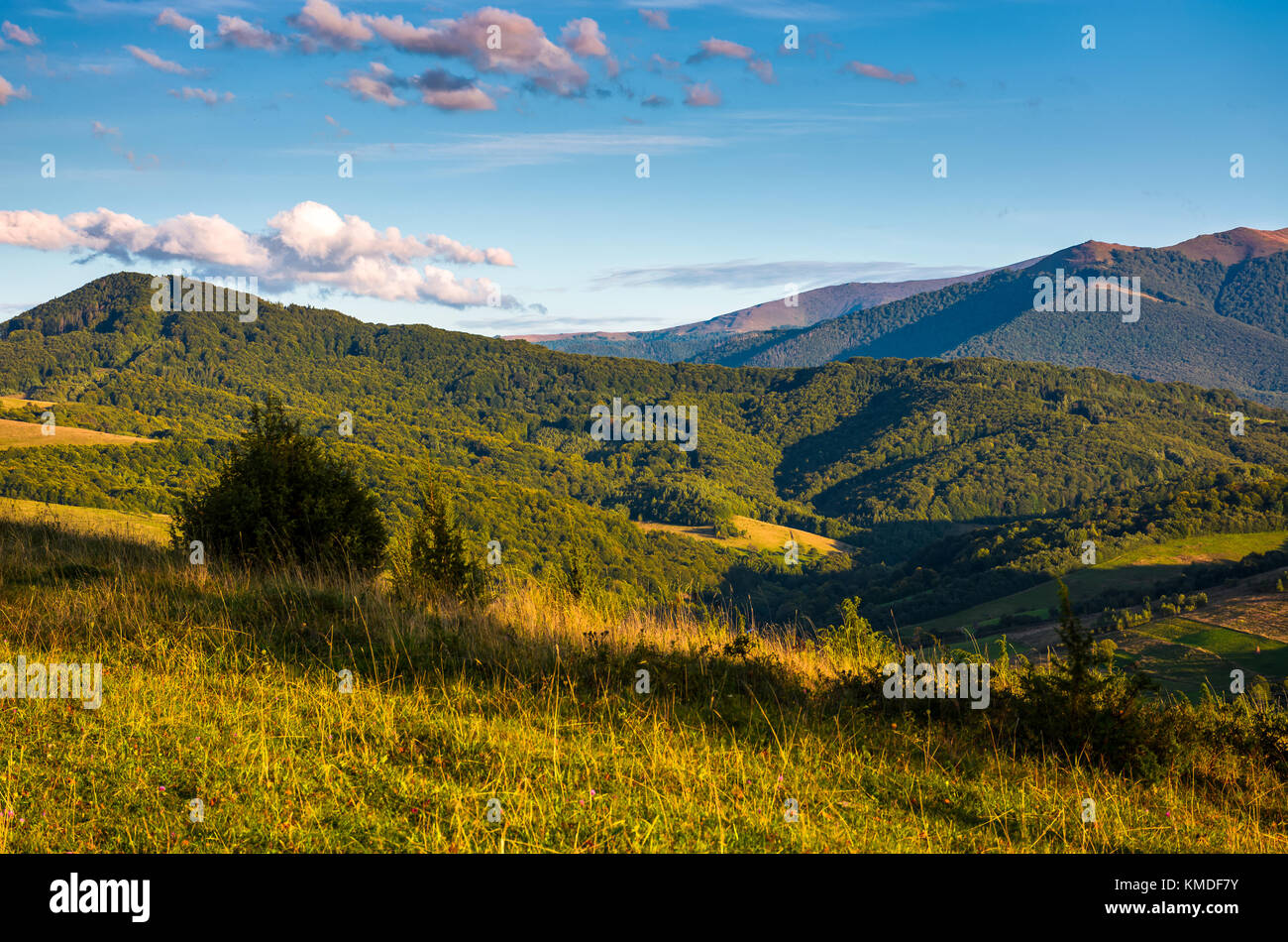 grassy rural hillside at cloudy sunset. beautiful mountainous ...