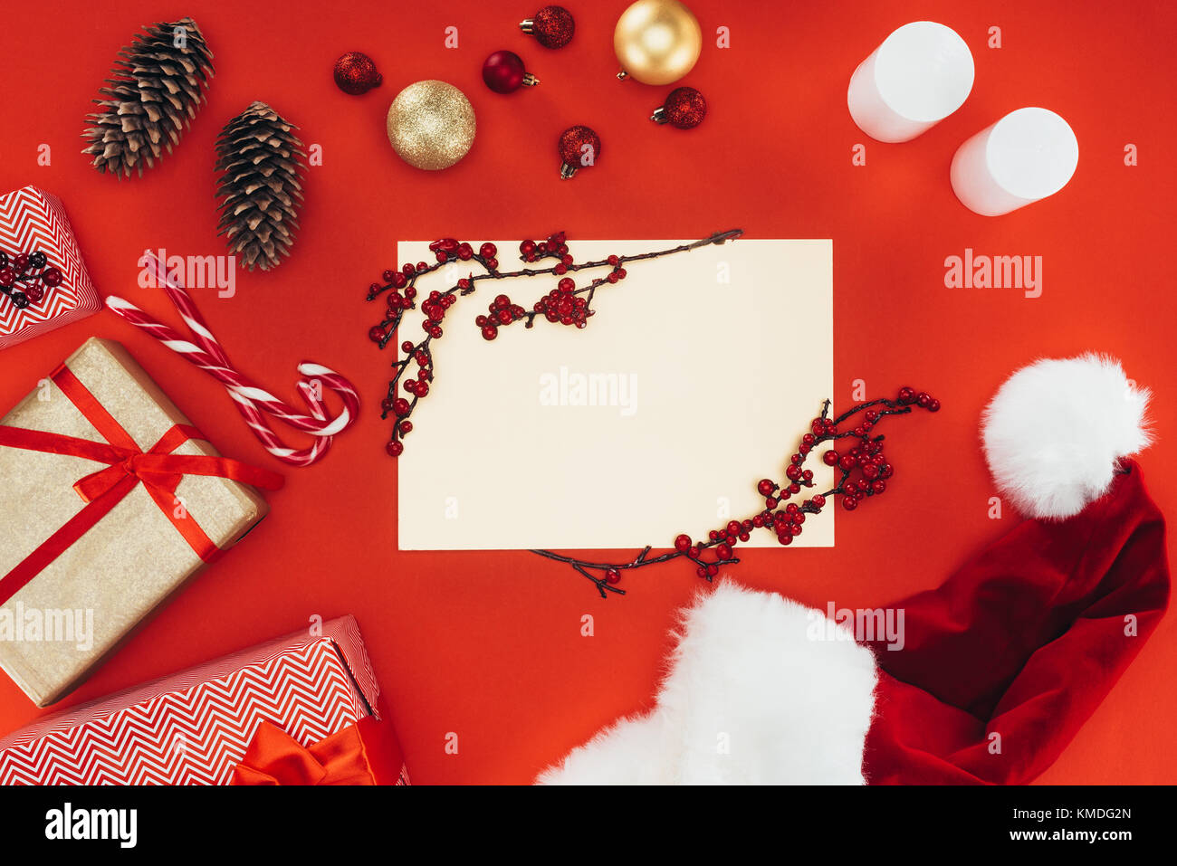 blank card, presents and christmas decorations Stock Photo - Alamy