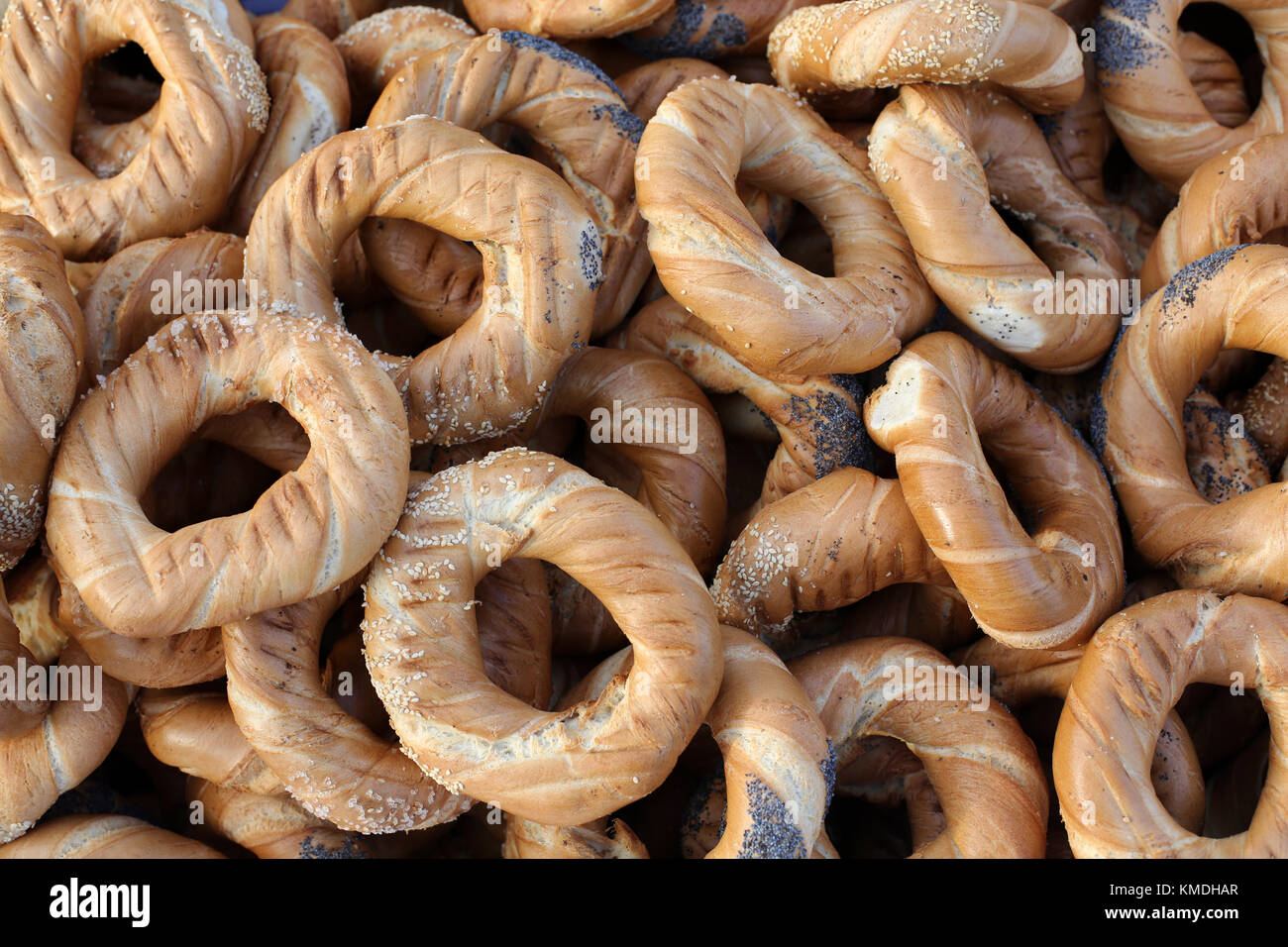 Traditional Cracovian prezels with salt, poppy and sesame seeds Stock ...