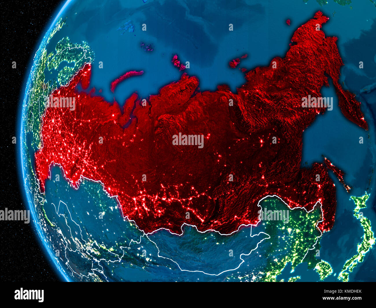 Space orbit view of Russia highlighted in red on planet Earth at night ...