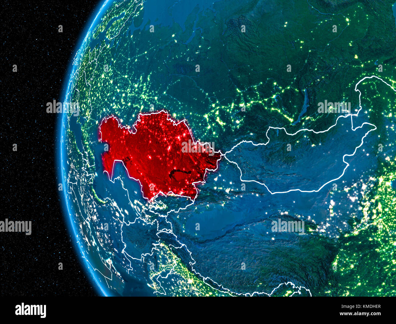 Space orbit view of Kazakhstan highlighted in red on planet Earth at night with visible country ...