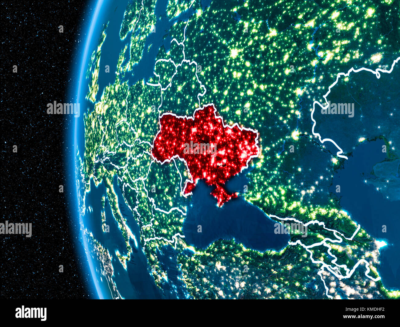 Space orbit view of Ukraine highlighted in red on planet Earth at night ...