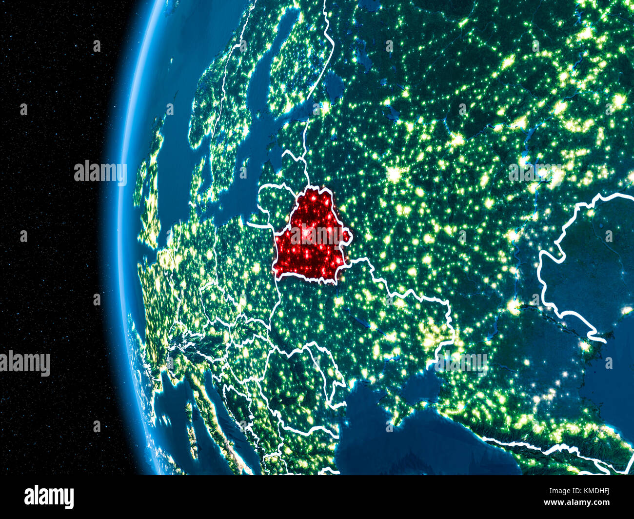 Space orbit view of Belarus highlighted in red on planet Earth at night with visible country ...