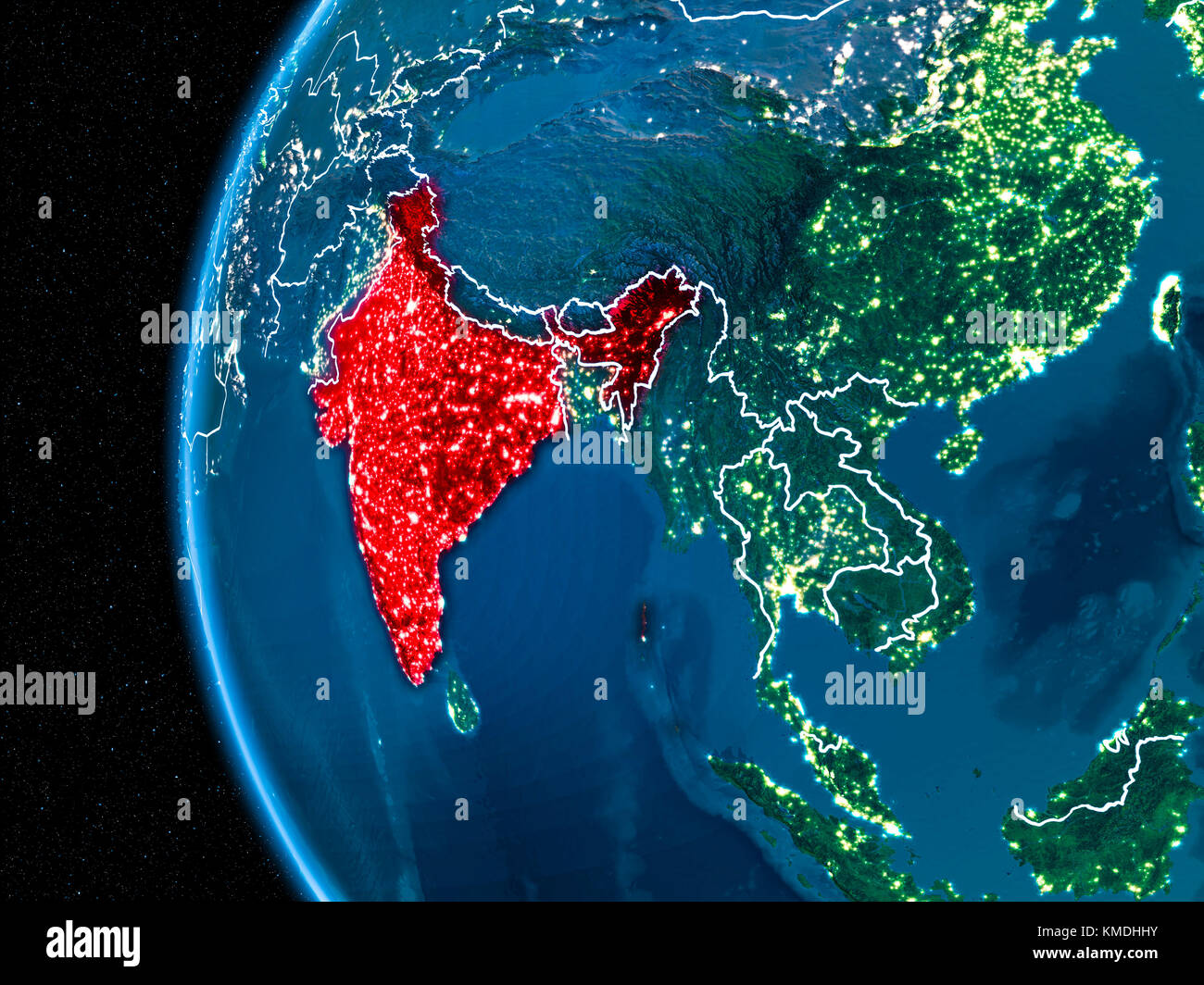 Space orbit view of India highlighted in red on planet Earth at night ...