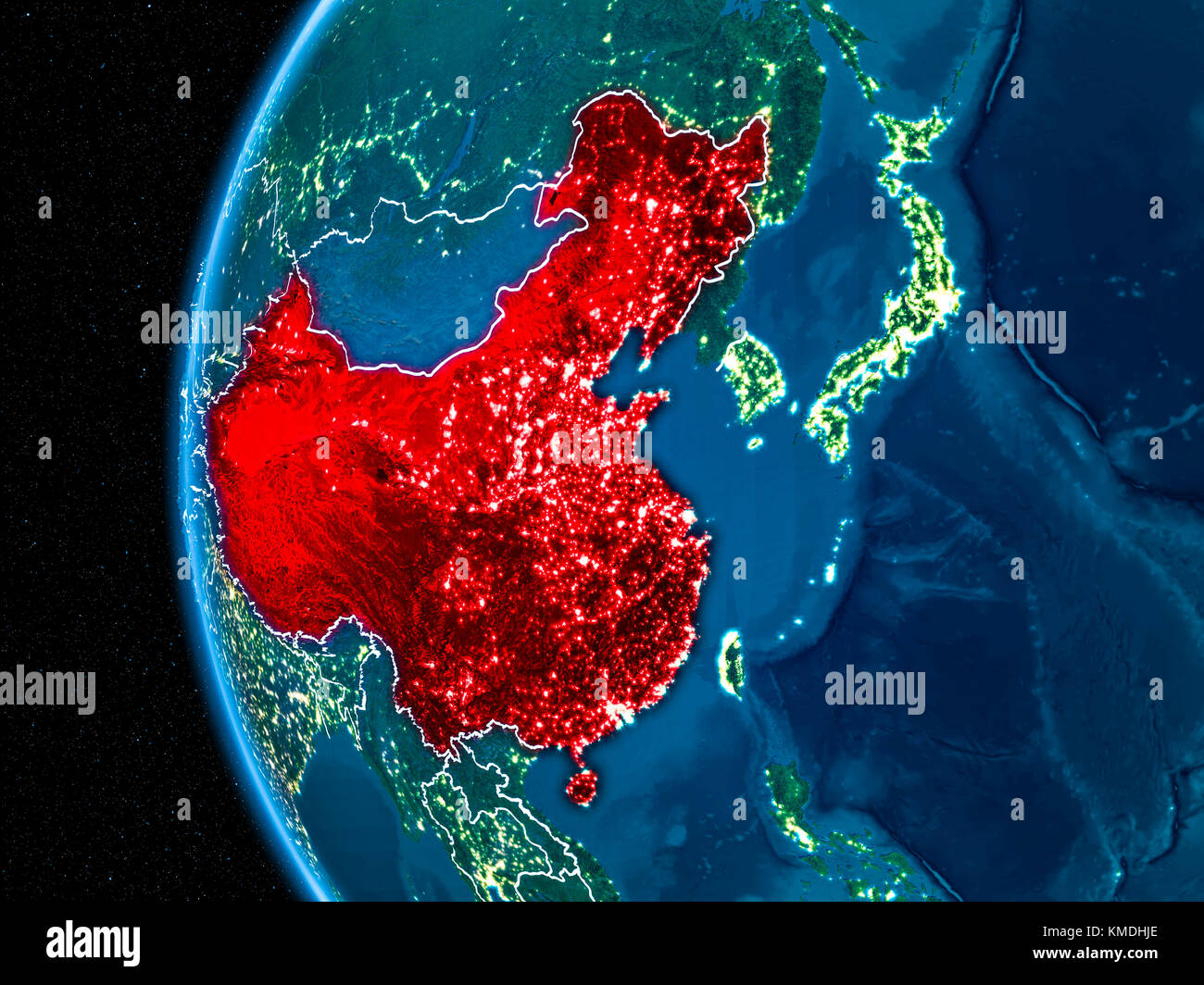 Space orbit view of China highlighted in red on planet Earth at night ...