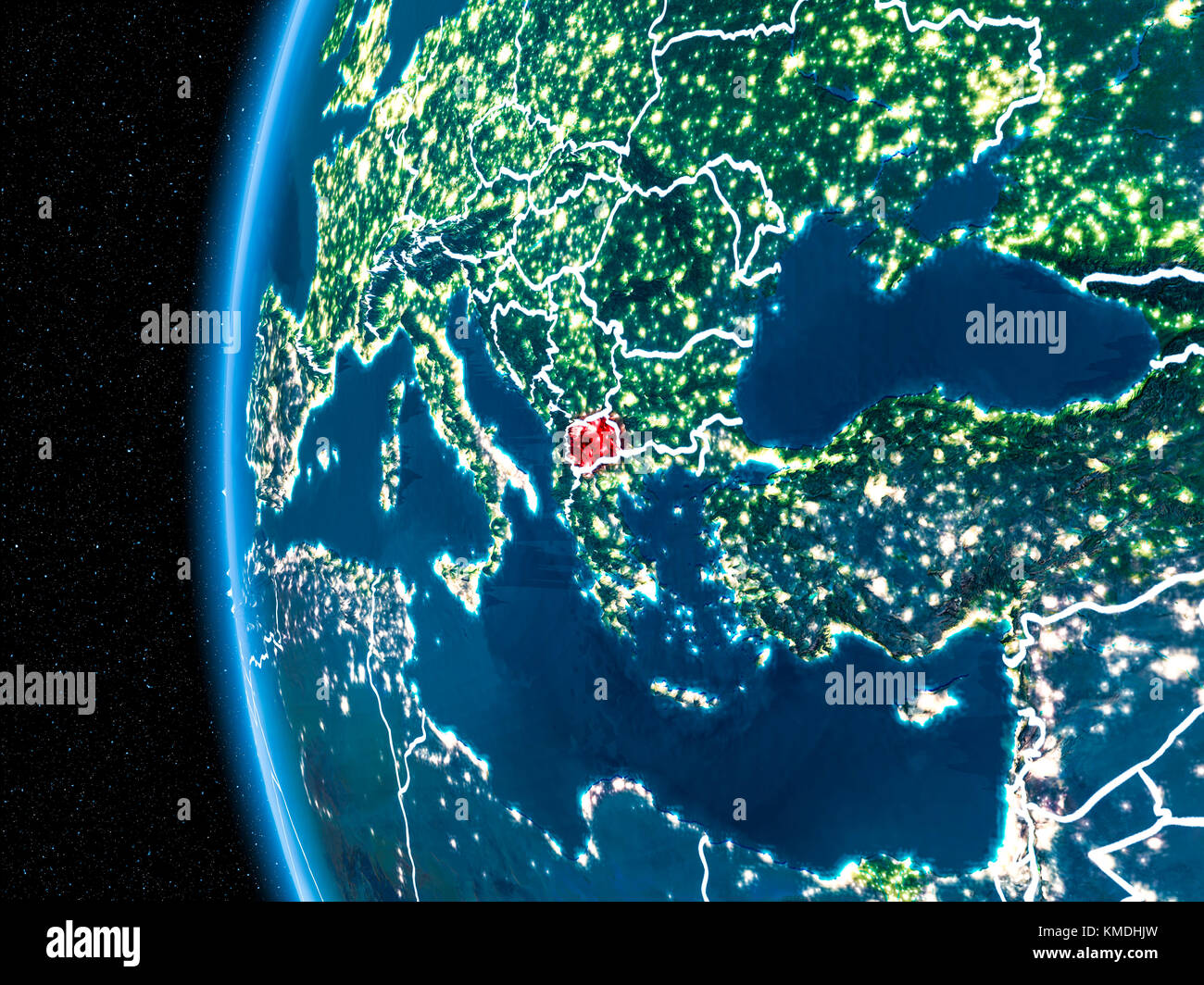 Space orbit view of Macedonia highlighted in red on planet Earth at night with visible country ...