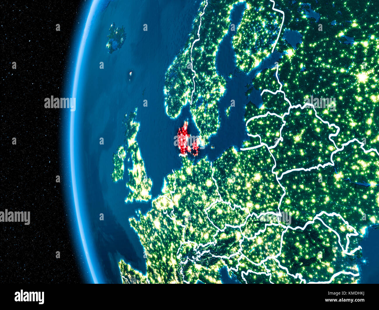 Space orbit view of Denmark highlighted in red on planet Earth at night with visible country ...