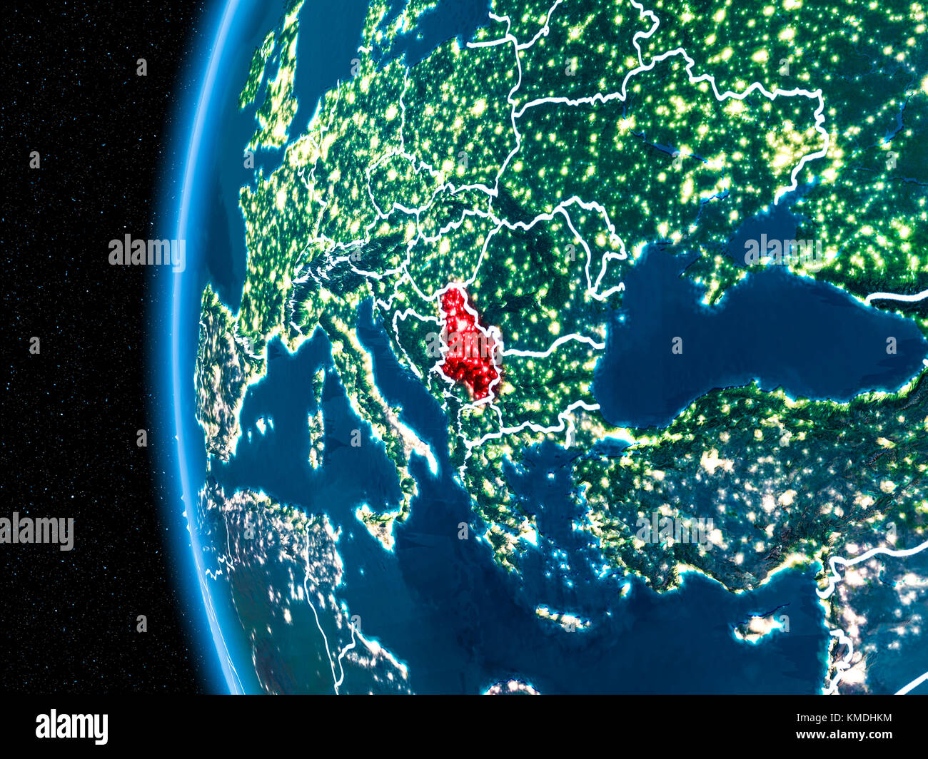 Space orbit view of Serbia highlighted in red on planet Earth at night with visible country ...