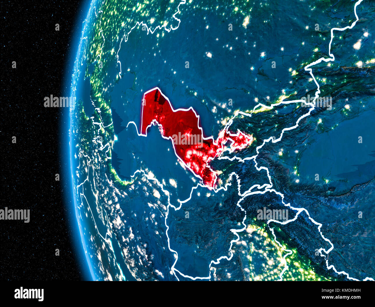 Space orbit view of Uzbekistan highlighted in red on planet Earth at night with visible country ...