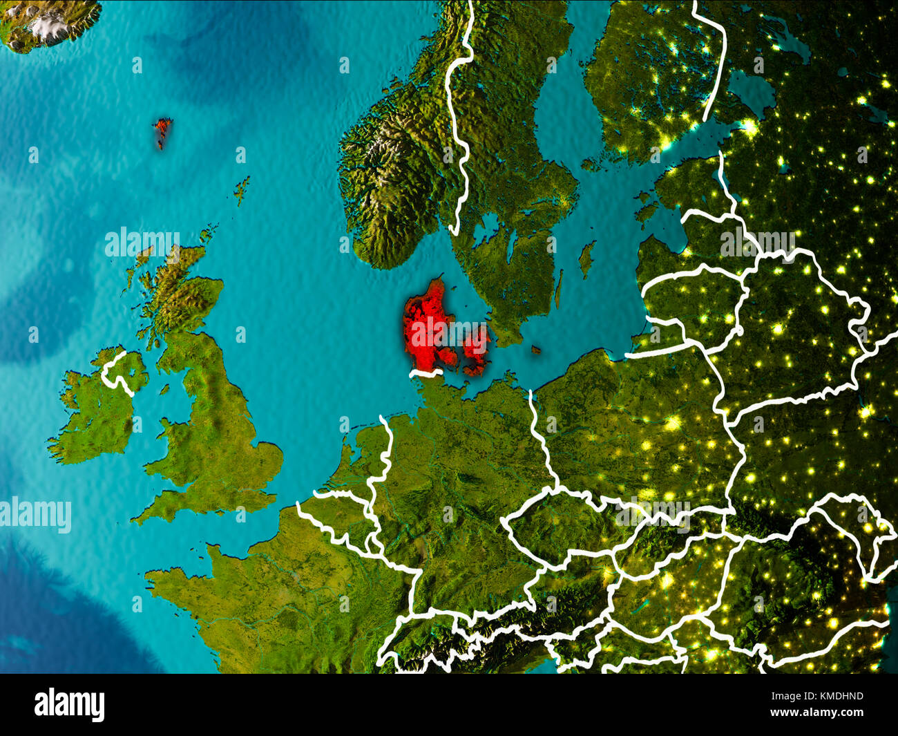 Denmark in the morning highlighted in red on planet Earth with visible border lines and city ...