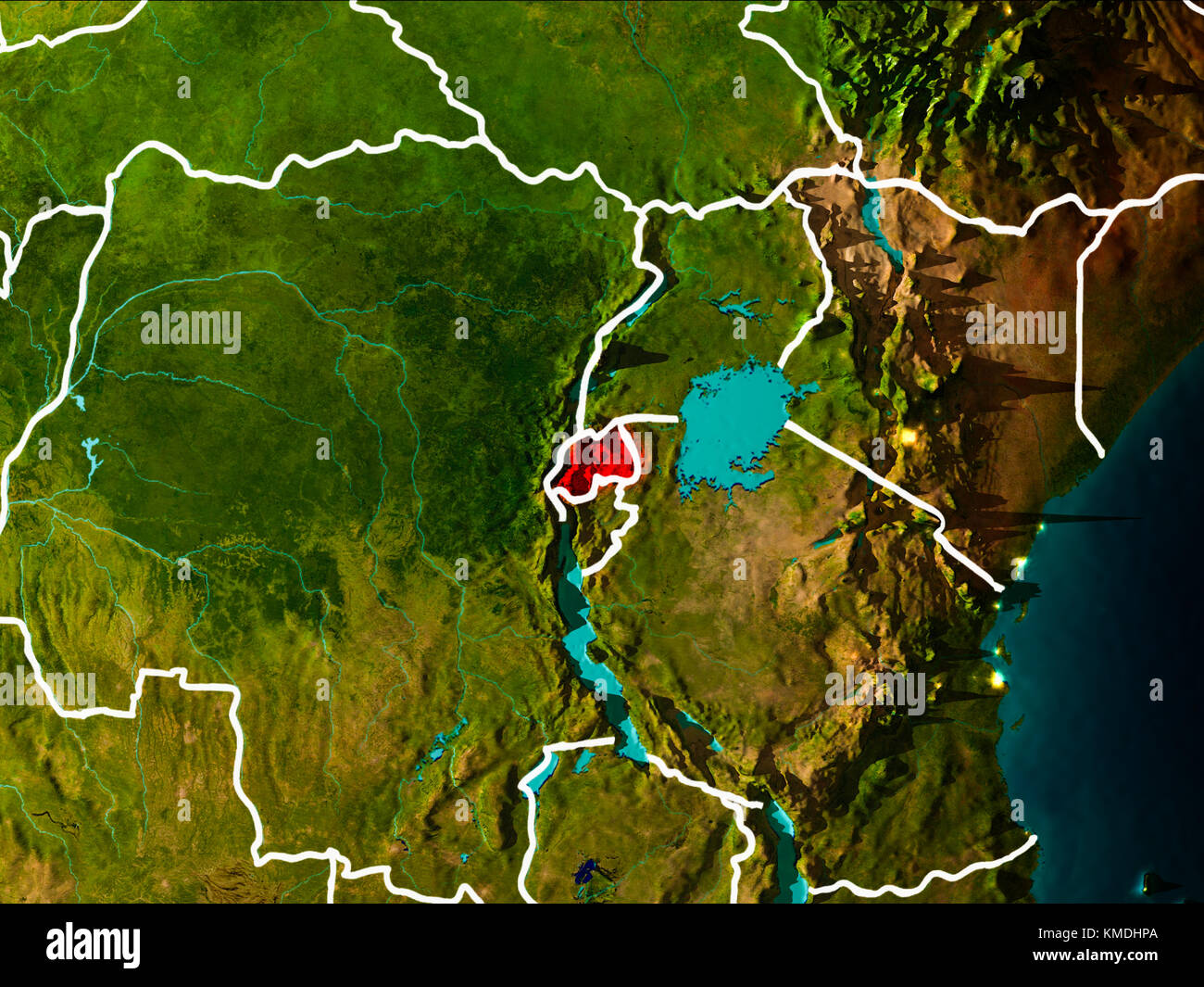 Rwanda in the morning highlighted in red on planet Earth with visible ...