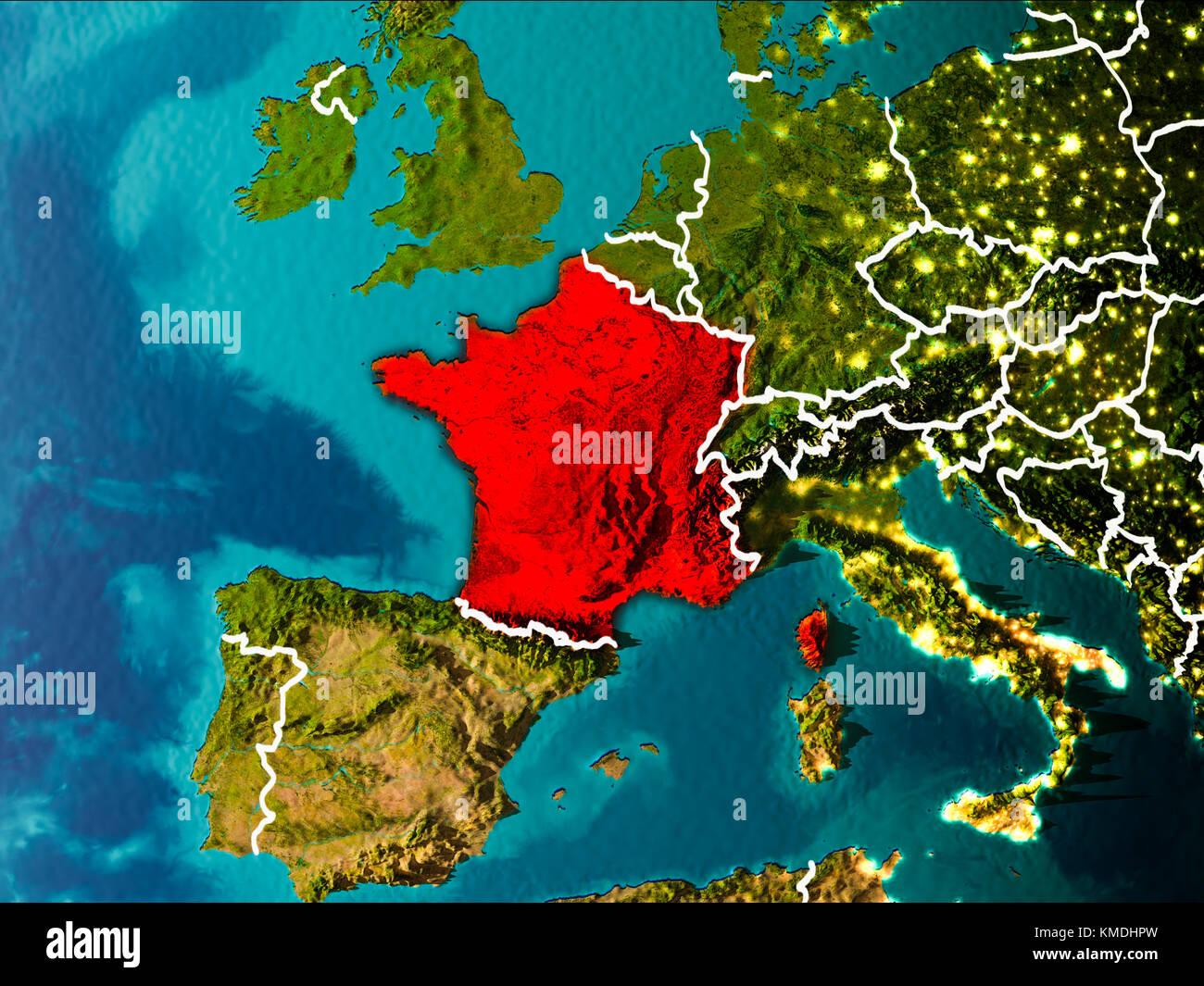 France in the morning highlighted in red on planet Earth with visible ...