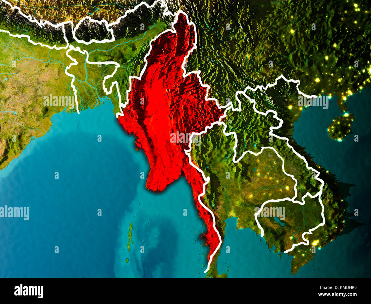 Myanmar in the morning highlighted in red on planet Earth with visible ...