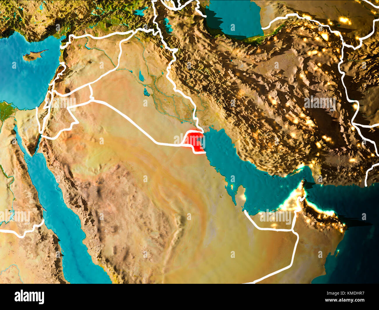 Kuwait in the morning highlighted in red on planet Earth with visible ...