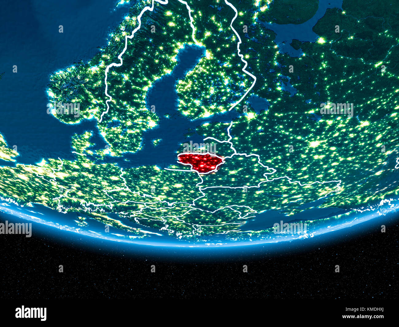 Lithuania in red with visible country borders and city lights from ...