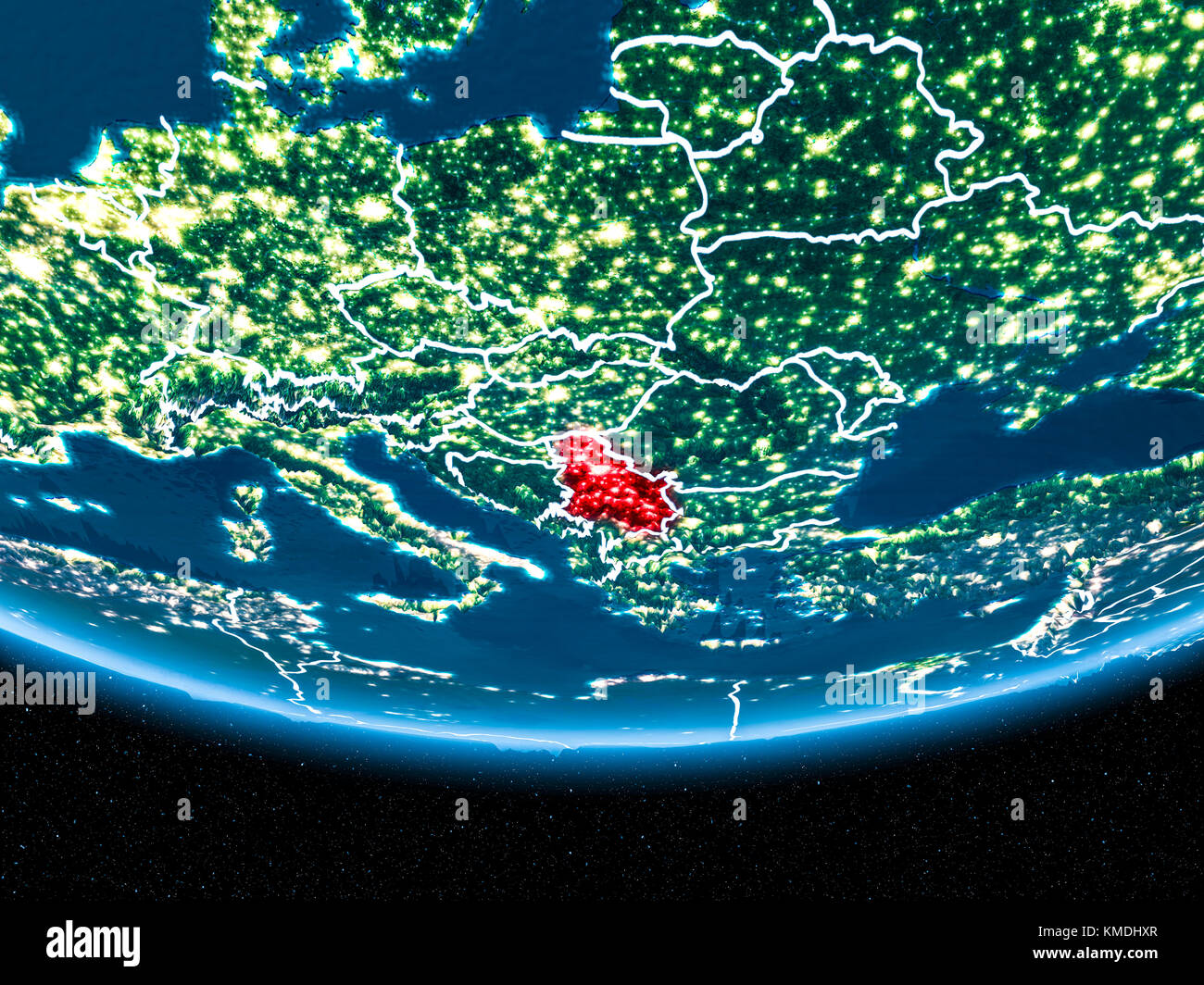 Serbia in red with visible country borders and city lights from space ...