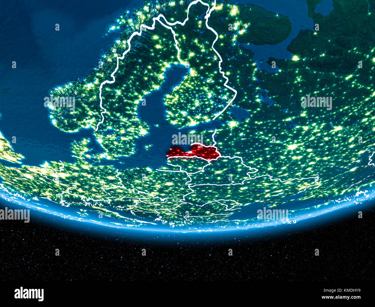 Latvia in red with visible country borders and city lights from space ...