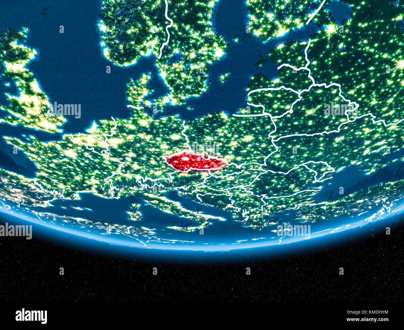 Czech republic in red with visible country borders and city lights from ...