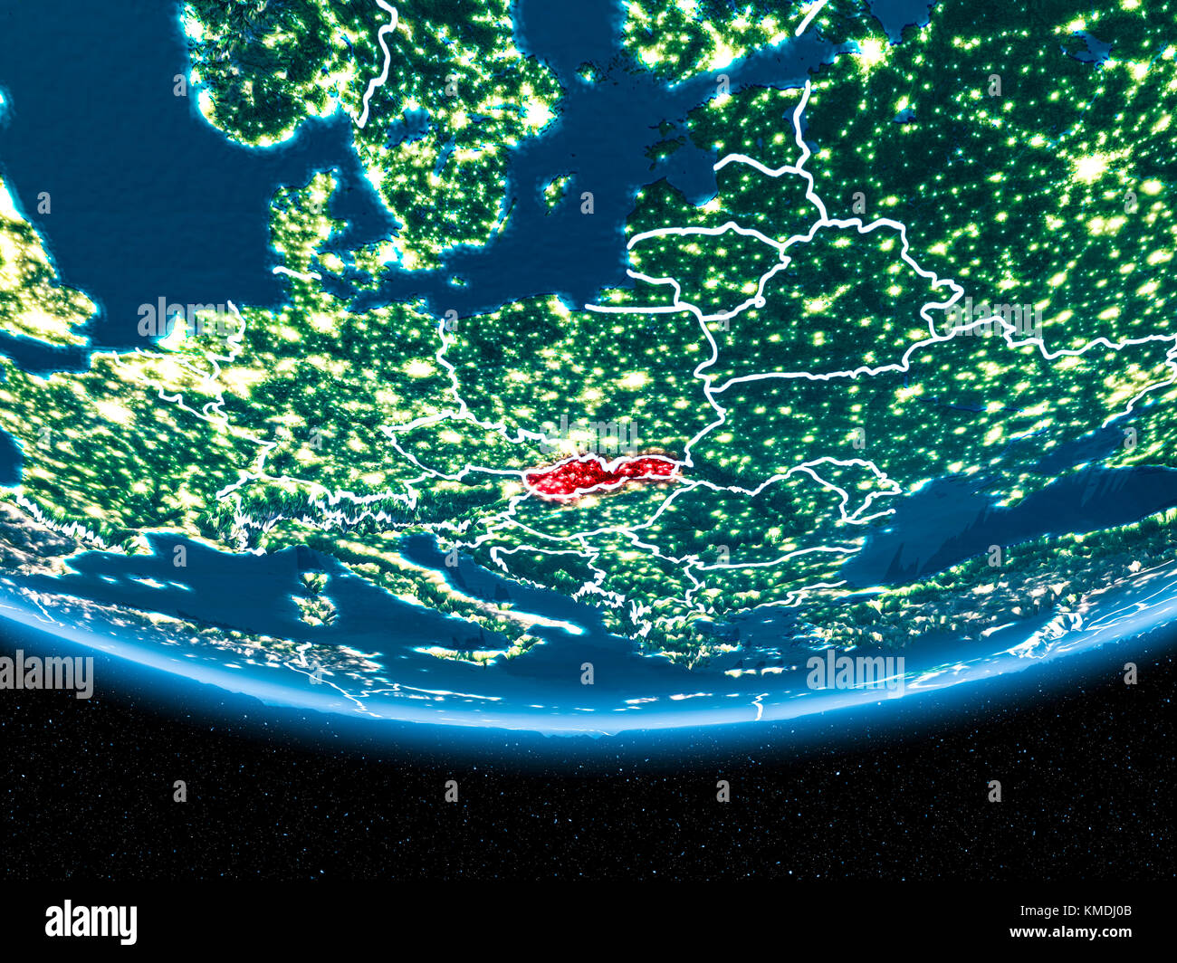 Slovakia in red with visible country borders and city lights from space ...