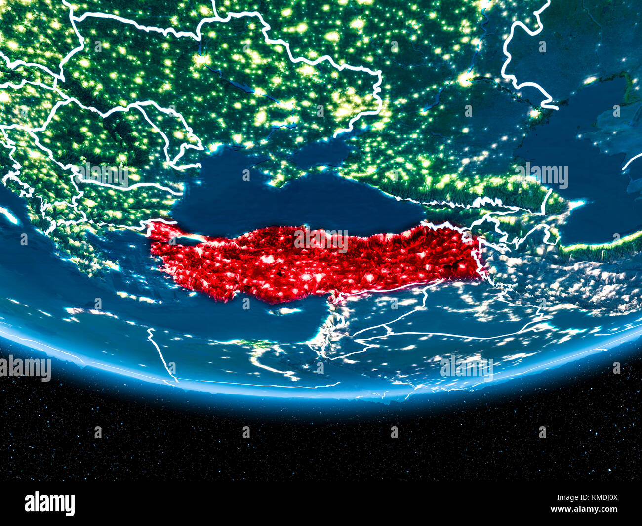 Turkey in red with visible country borders and city lights from space ...