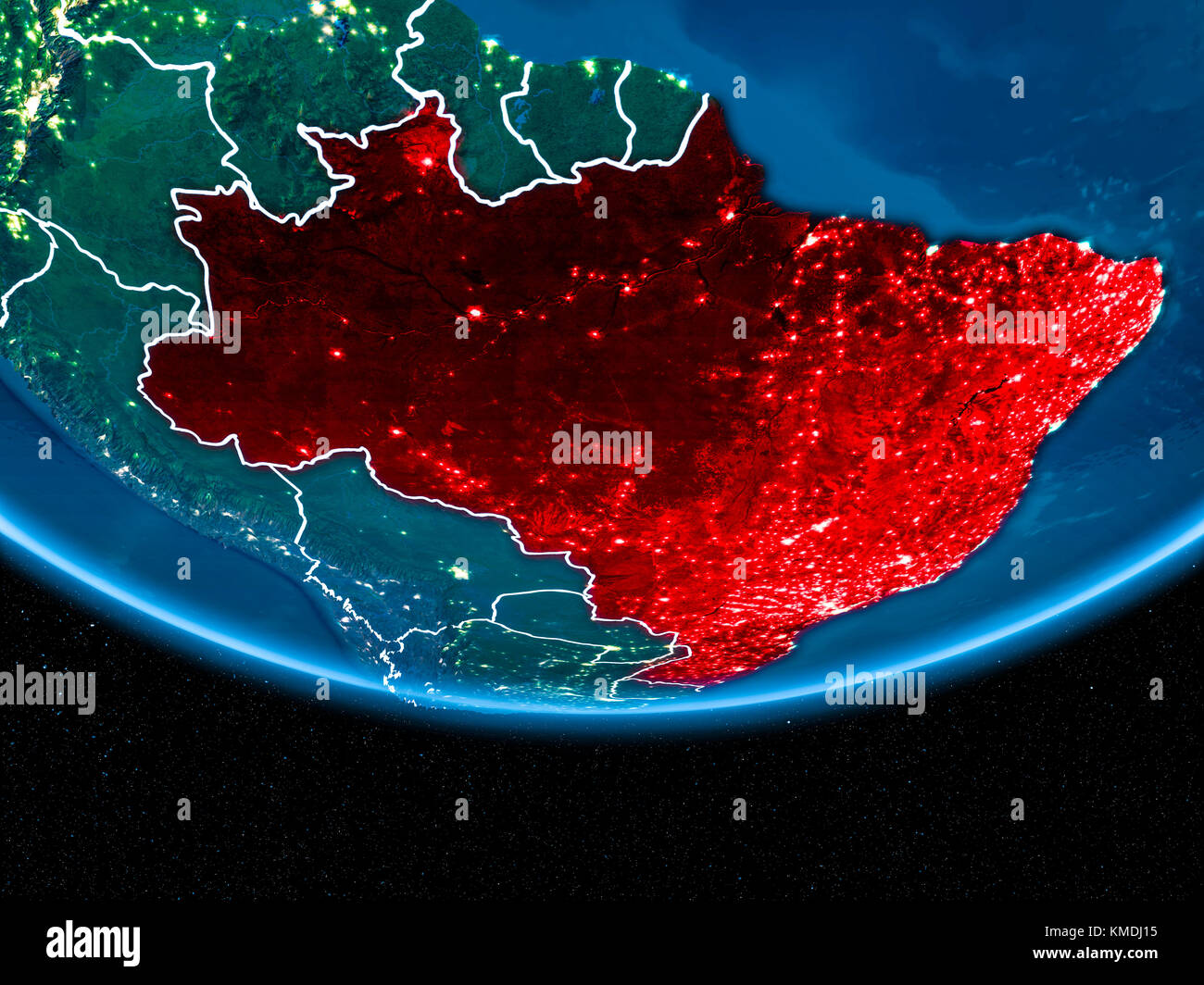 Brazil in red with visible country borders and city lights from space ...