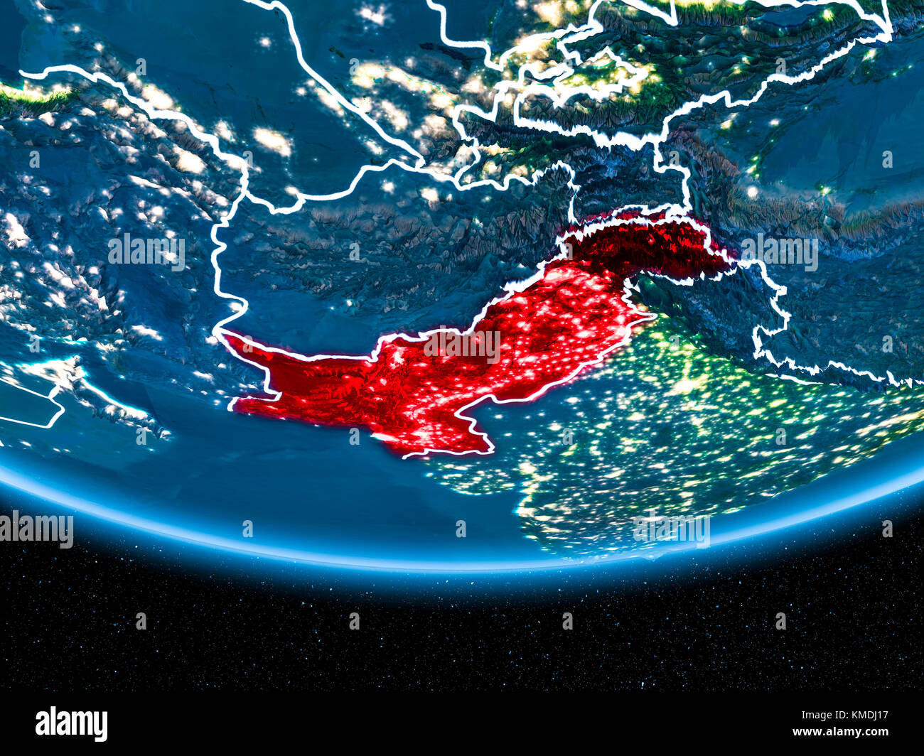 Pakistan in red with visible country borders and city lights from space ...