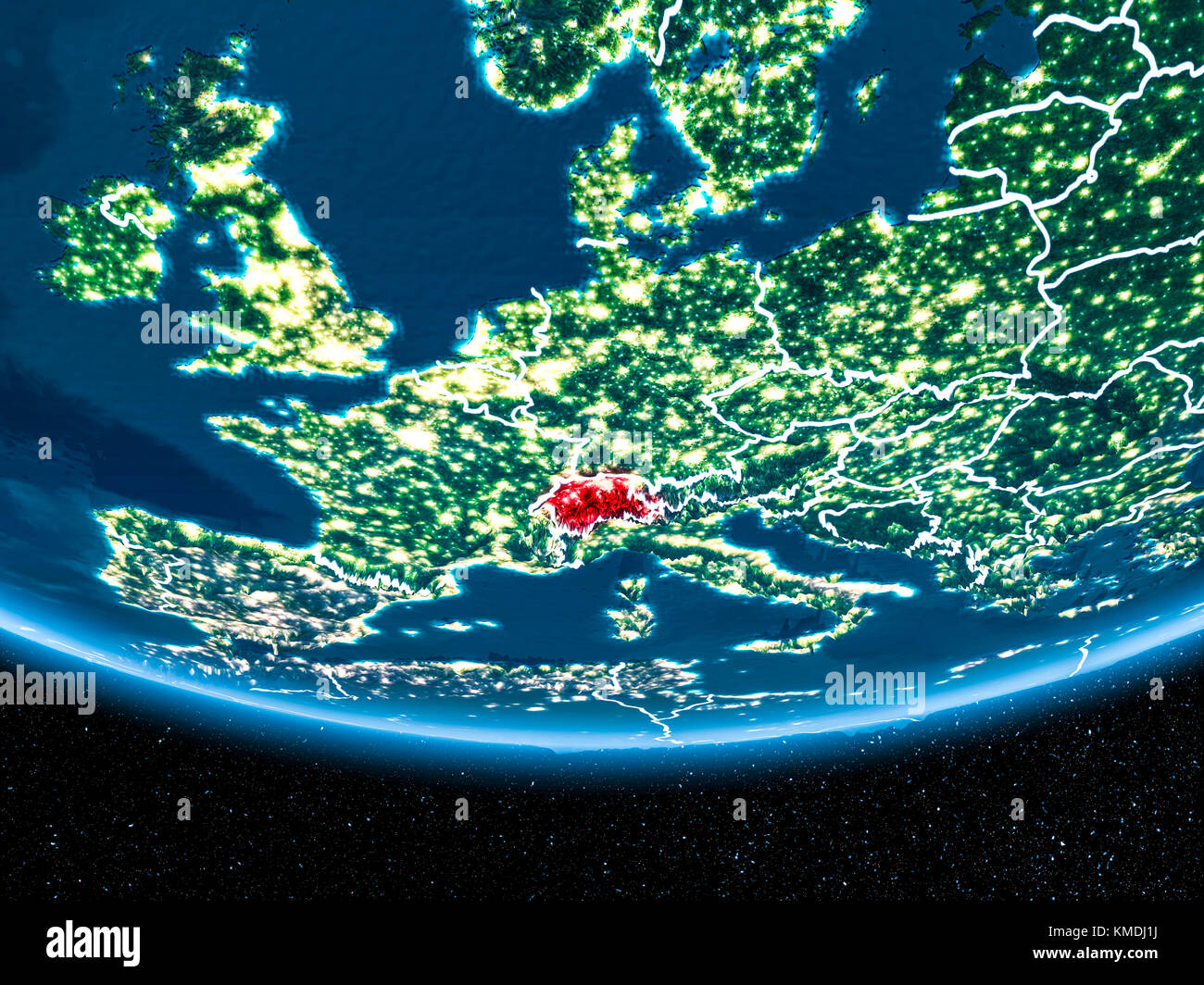 Switzerland in red with visible country borders and city lights from ...