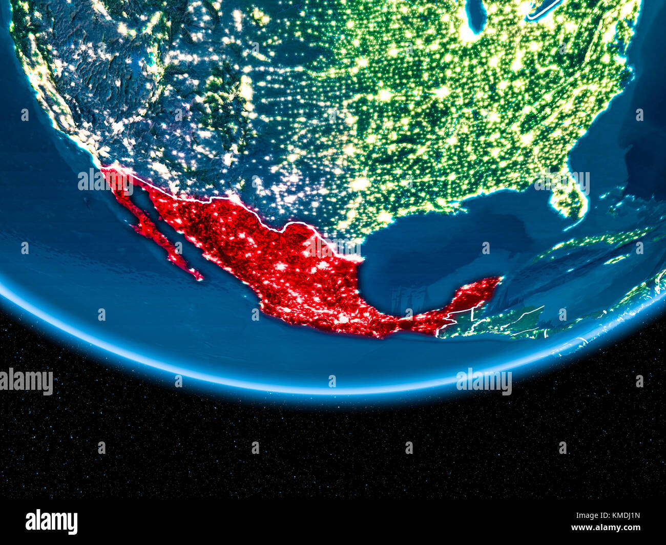 Mexico in red with visible country borders and city lights from space ...