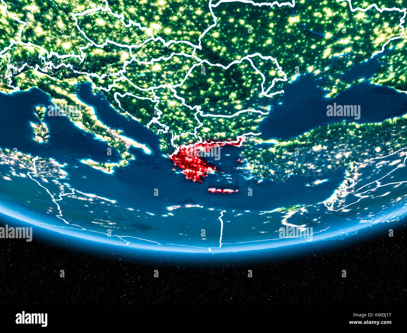 Greece in red with visible country borders and city lights from space ...