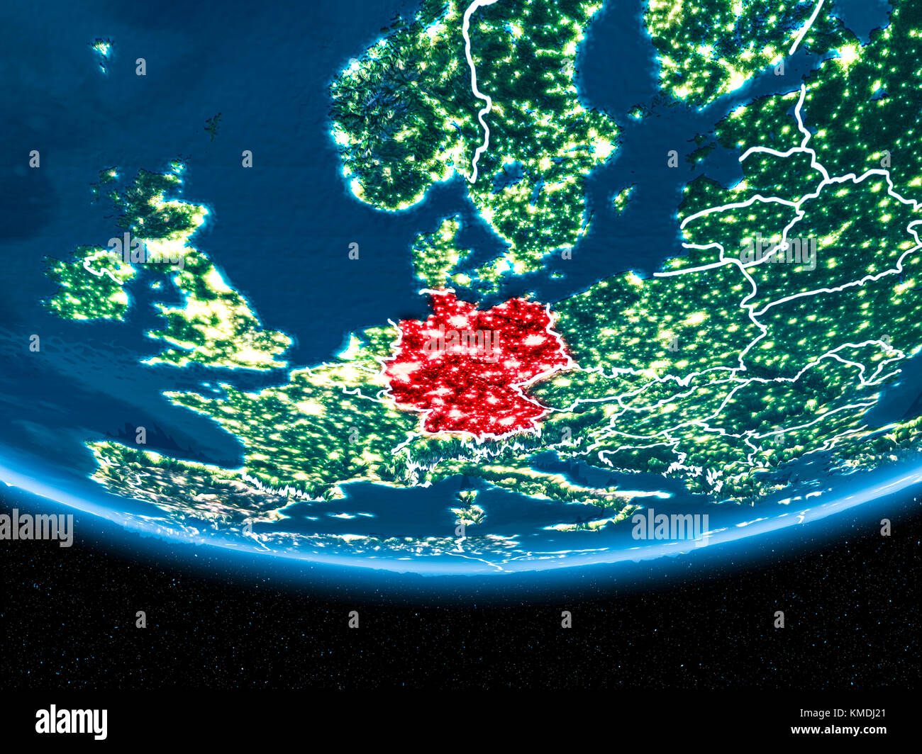 Germany in red with visible country borders and city lights from space ...