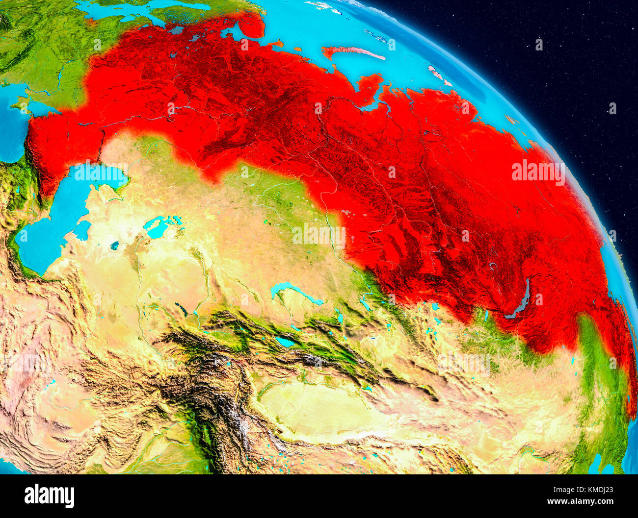 Space view of Russia highlighted in red on planet Earth. 3D ...