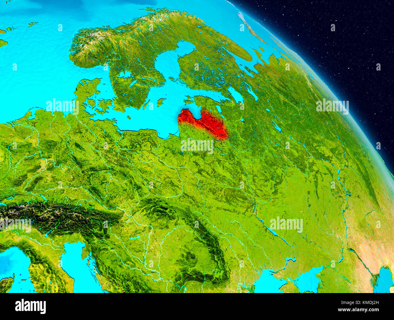 Space view of Latvia highlighted in red on planet Earth. 3D illustration. Elements of this image ...